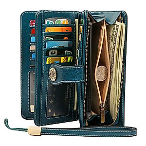 Pearl Angeli Women Wallet Genuine Leather Charming Ladies Wristlet Tri-fold Rfid Blocking Credit Card Holder Organizer Clutch Navy (Peacock Blue)