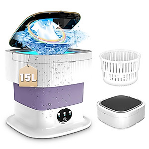 Portable Washing Machine, 15L Upgraded Mini Washing Machine and Spin Basket Deep Cleaning of Baby Clothes or Underwear, Small Foldable Washing machine for Apartments, Camping, Travel Laundry (PURPLE)