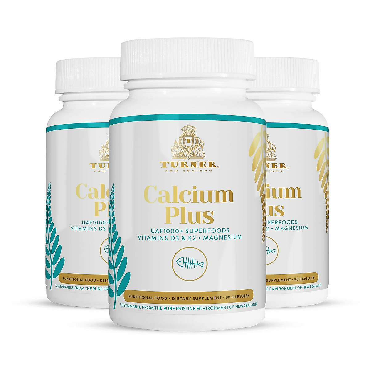 TURNER Calcium Plus, All-Natural Marine Calcium Supplement, with UAF1000+ Super Antioxidant, Magnesium + Vitamins K2 & D3, Supports Bone Density & Joint Health, 3 Bottles, 270 caps, 3 Month Supply