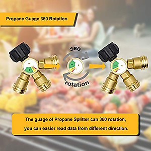 3 Way Propone Splitter QCC/POL (Propane Tank 3 Y Splitter Adapter) with Gauge and Shut-Off Valve, 3 Way Propane Gas Splitter for Propane Tank, which for Camping Stoves, BBQ Grills, RV Camper, etc.