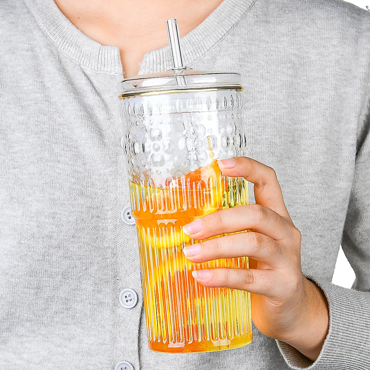 FULGNU Glass Cups with Lids and Straws, 24 OZ Glass Tumbler with Straw and Lid Iced Coffee Cups, High Borosilicate Glasses Clear Glass Cups Set for Cocktail,Smoothie,Water