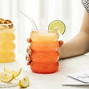 KEMORELA 18oz Wave Shape Beverage Glasses With Straws,Vintage Glass Cups Wine Mugs Of 4 Set, Ripple Drinking Glasses,for Juice Beer Wine Champagne Cocktail Home Kitchen Bar Mixed Drinks (4PCS-Clear)