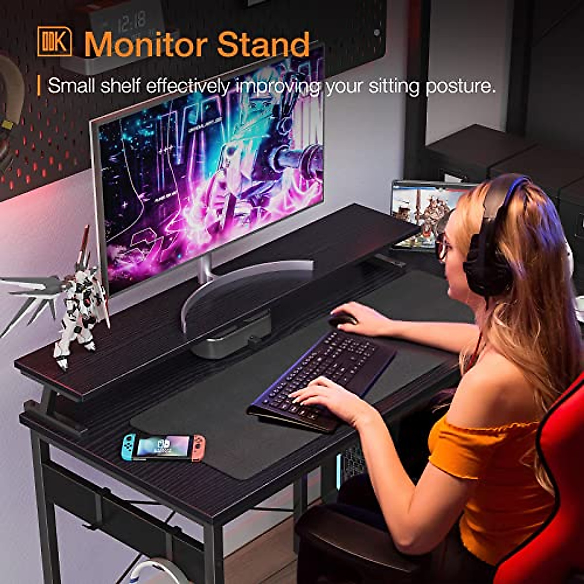 ODK Small L Shaped Desk, 48 inch Corner Desk with Reversible Storage Shelves, Computer Desk with Monitor Shelf and PC Stand for Home Office, Gaming Desk with Headphone Hooks, Black