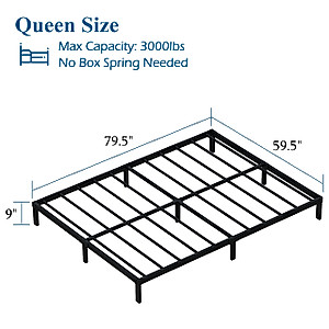 DiaOutro 9 Inch Queen Bed Frame Heavy Duty Low Profile Metal Platform No Box Spring Needed, Maximum Storage, Easy to Assembly, Noise Free, Black