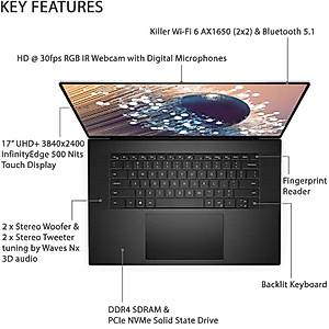 2021 Newest Dell XPS 17 Laptop 9710, 17" UHD+ Touch Display, Intel i7-11800H, GeForce RTX 3050, 32GB RAM, 1TB SSD, IR Camera, Backlit Keyboard, Fingerprint Reader, Wi-Fi 6, Thunderbolt, Win 10 Pro