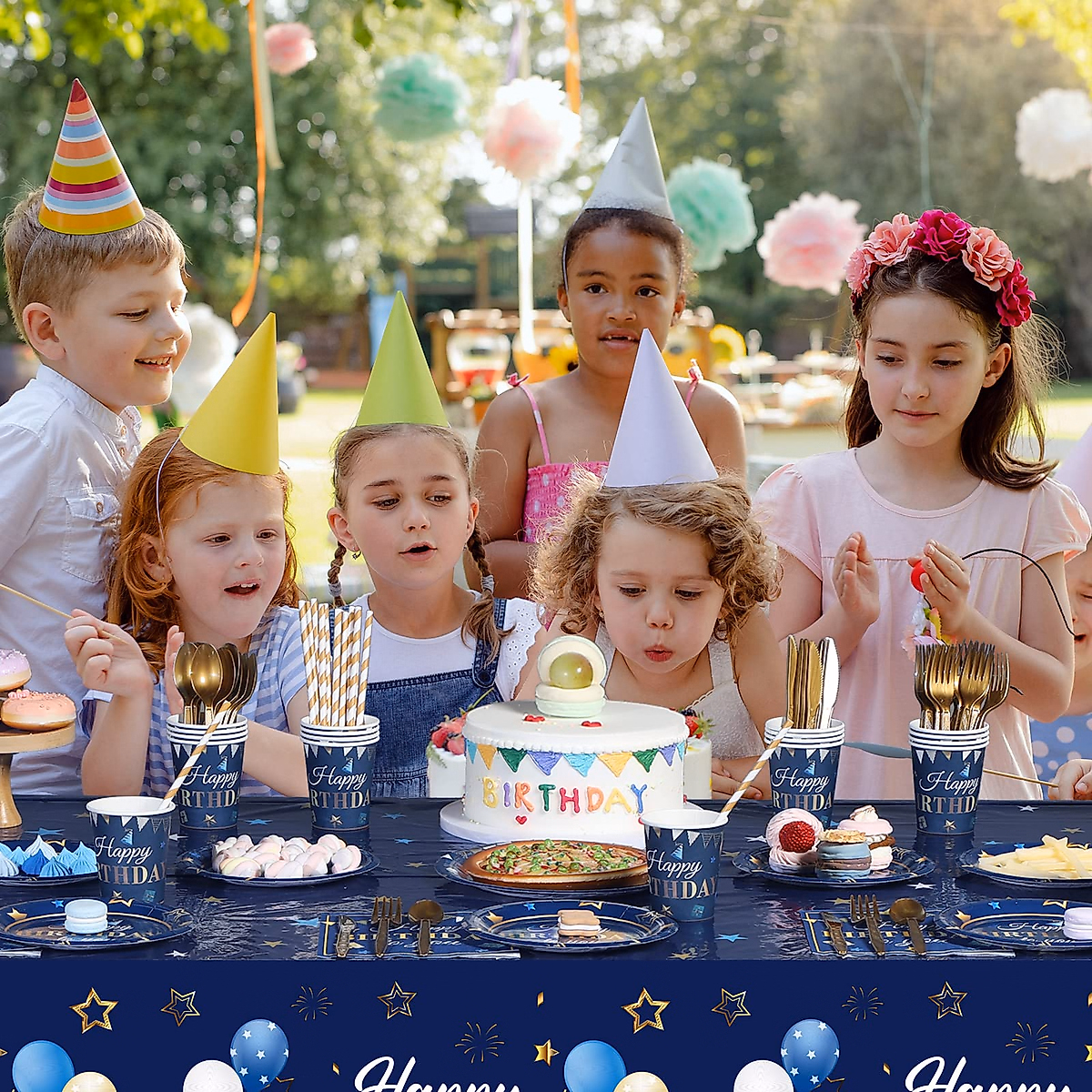 Capoda Birthday Party Supplies Happy Birthday Tableware Set Confetti Starry Tablecloth Plates Cups Napkins Dinnerware for Kids Adults Party Supplies Decor(Navy Blue and Gold)