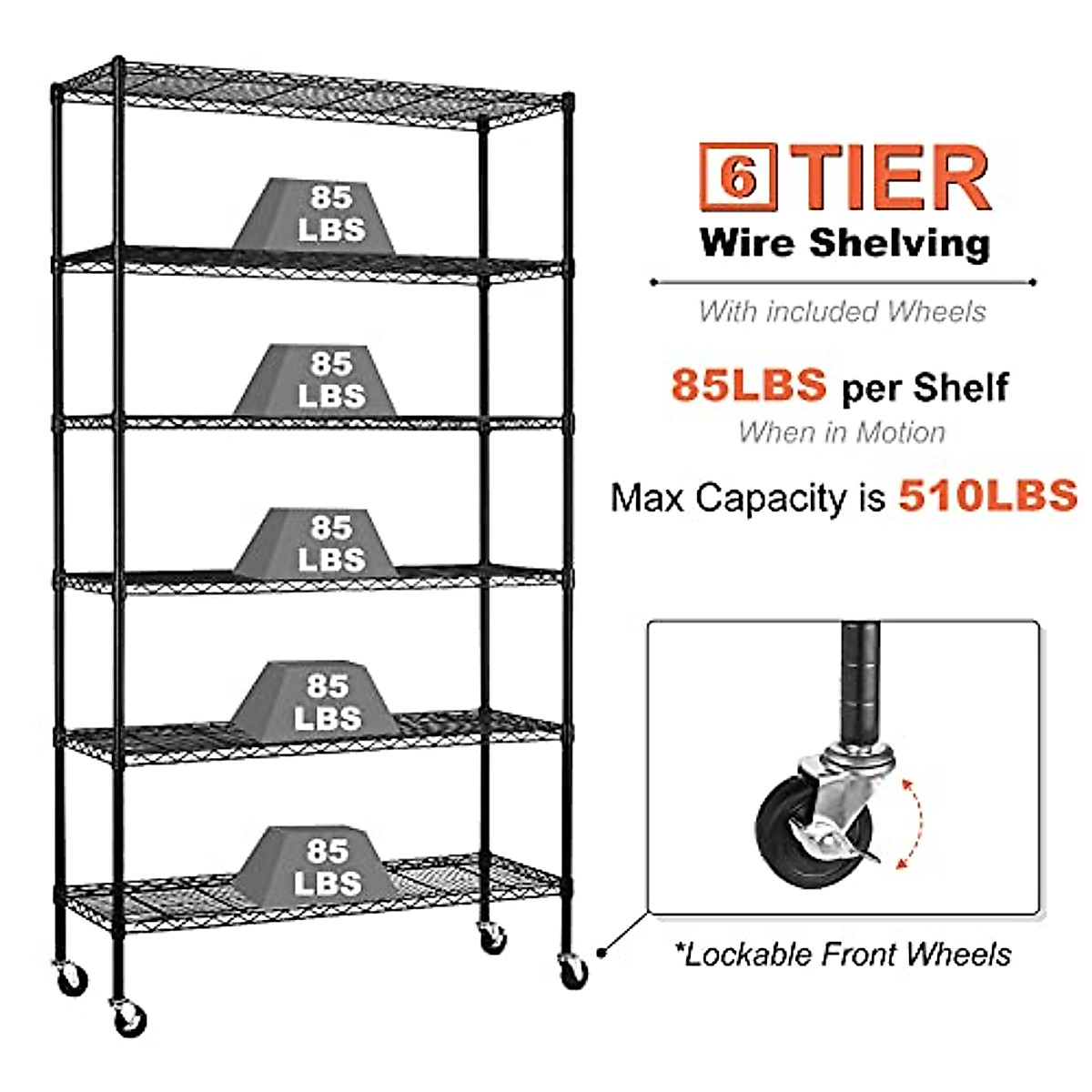 6 Shelf Wire Shelving Adjustable Storage Shelves Steel Wire Rack Metal Shelf 2100Lbs Capacity Standing Storage Shelf Units for Laundry Kitchen Garage Pantry Closet ( Black, 48" L x 18" W x 82")