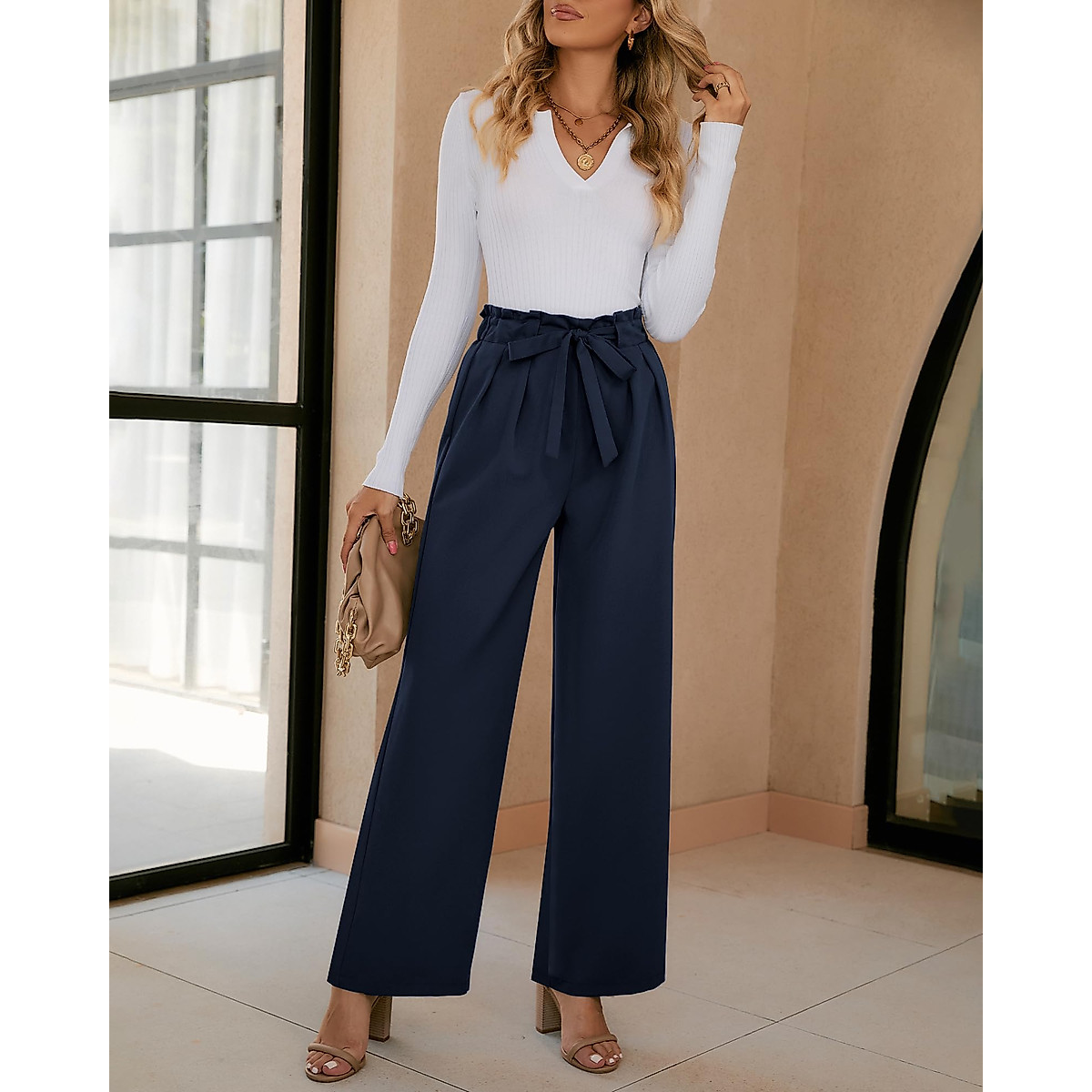 GRAPENT Women's Summer Business Casual Wide Leg Pleated Front Navy Blue Pants Size L