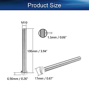 Bettomshin 4Pcs M10 x 100mm Hex Bolts, 304 Stainless Steel 1.5mm Thread Pitch Fully Threaded Metric Hex Head Screw Bolts, Hexagon Screw Bolt, Hex Tap Bolts, Silver (Overall Size 106.56x17x17mm)