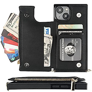 Bocasal Crossbody Wallet Case for iPhone 14 with RFID Blocking Card Slot Holder, Magnetic Flip Folio Purse Case, PU Leather Zipper Handbag with Detachable Lanyard Strap 6.1 Inch 5G (Black)