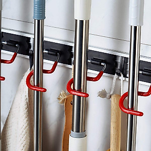QBOSO Wall Mounted Mop and Broom Holder Stainless Steel S Type Broom Rack Anti-Slip Mop Organizer (17 Inches ,4 Positions 3 Hooks , Red black)