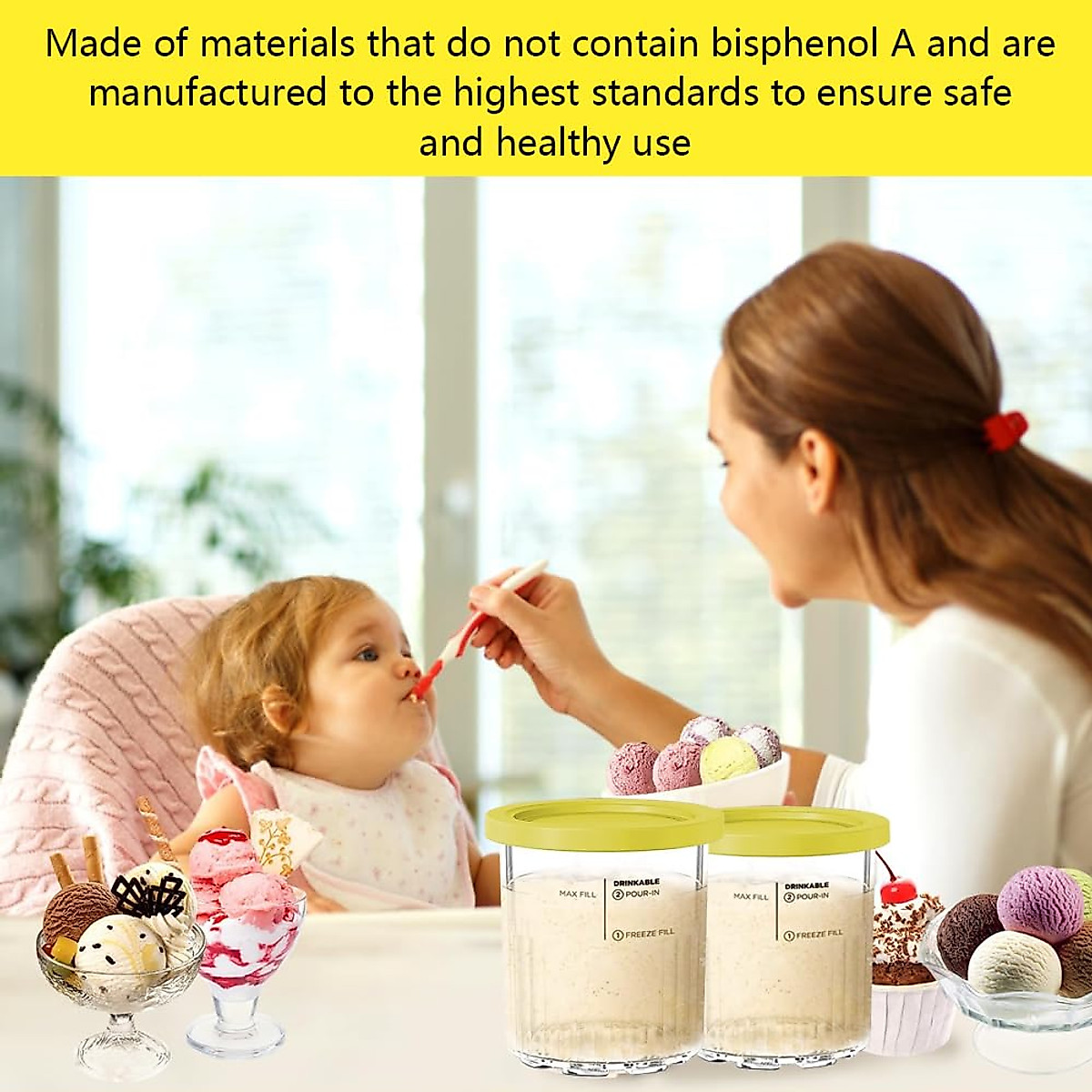 Replacement Pints and Lids for Ninja Creami, Compatible with Ninja NC501 NC500 Series, 24 oz Creami Pint Containers with Leak Proof Lids (blue, yellow) (2pcs)