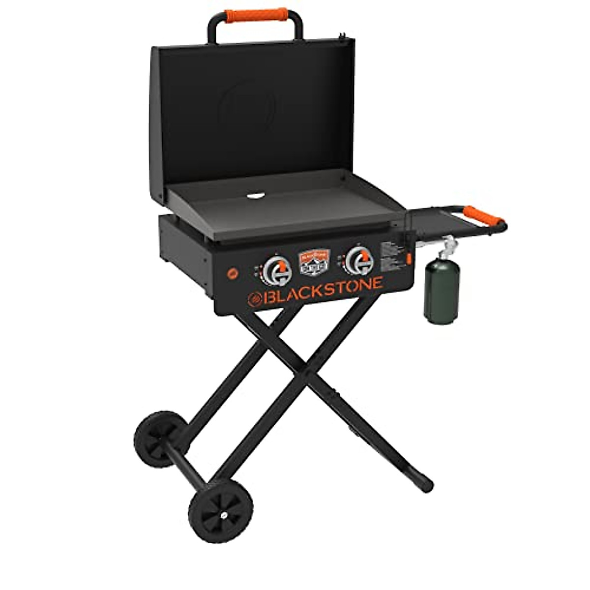 Blackstone 1935 On The Go Scissor-Leg Two Burners Gas Hood, Wheels, Side Shelf Heavy Duty Outdoor Stainless Steel Griddle for Backyard, Patio Camping, 22, Black
