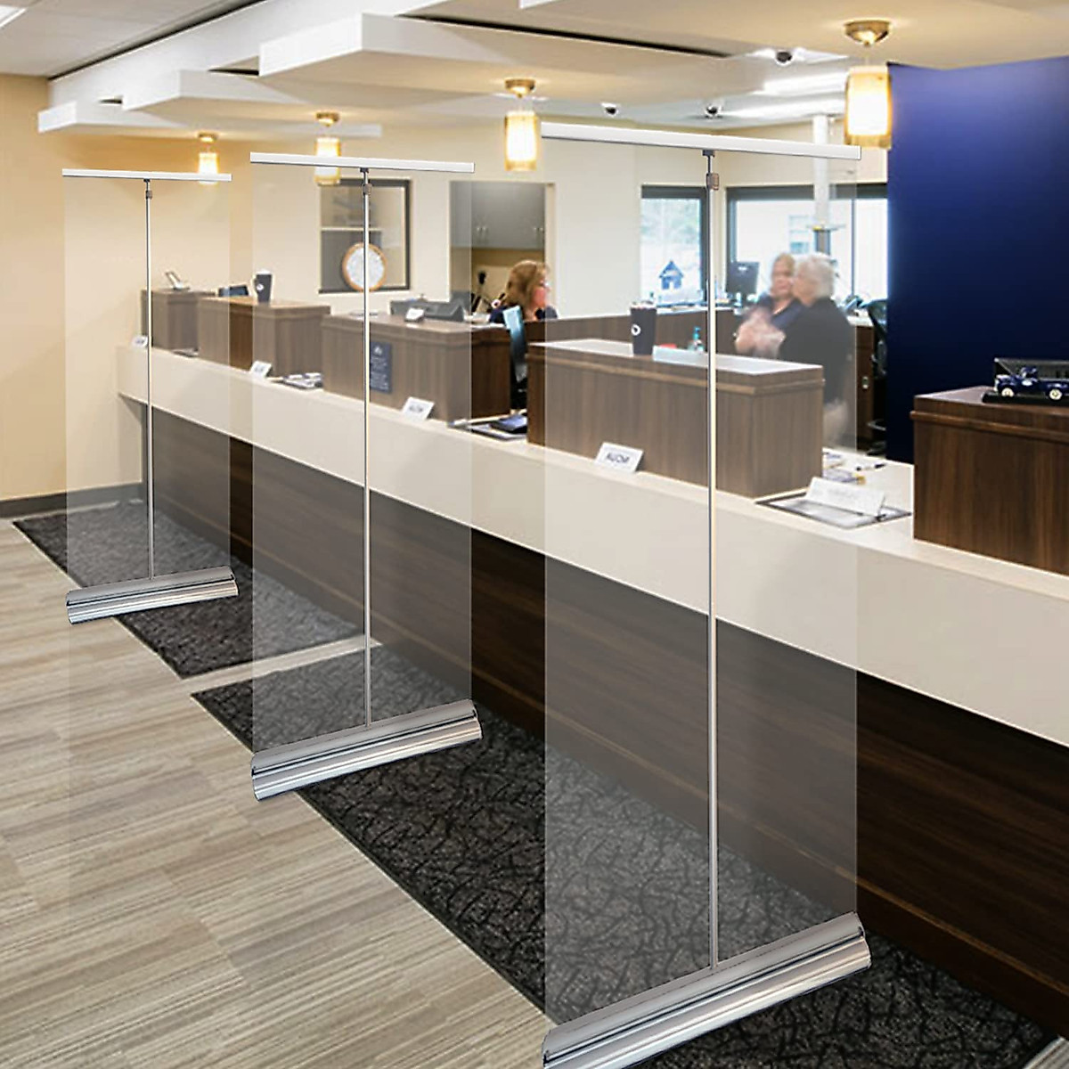 BannerBuzz Floor Standing Sneeze Guard - Full Tarp with Steppy Retractable Stand Isolation Barrier - Clear Film Protective Shield for Cafes, Retail Stores, Cashier, Receptionist (4' x 6.5')