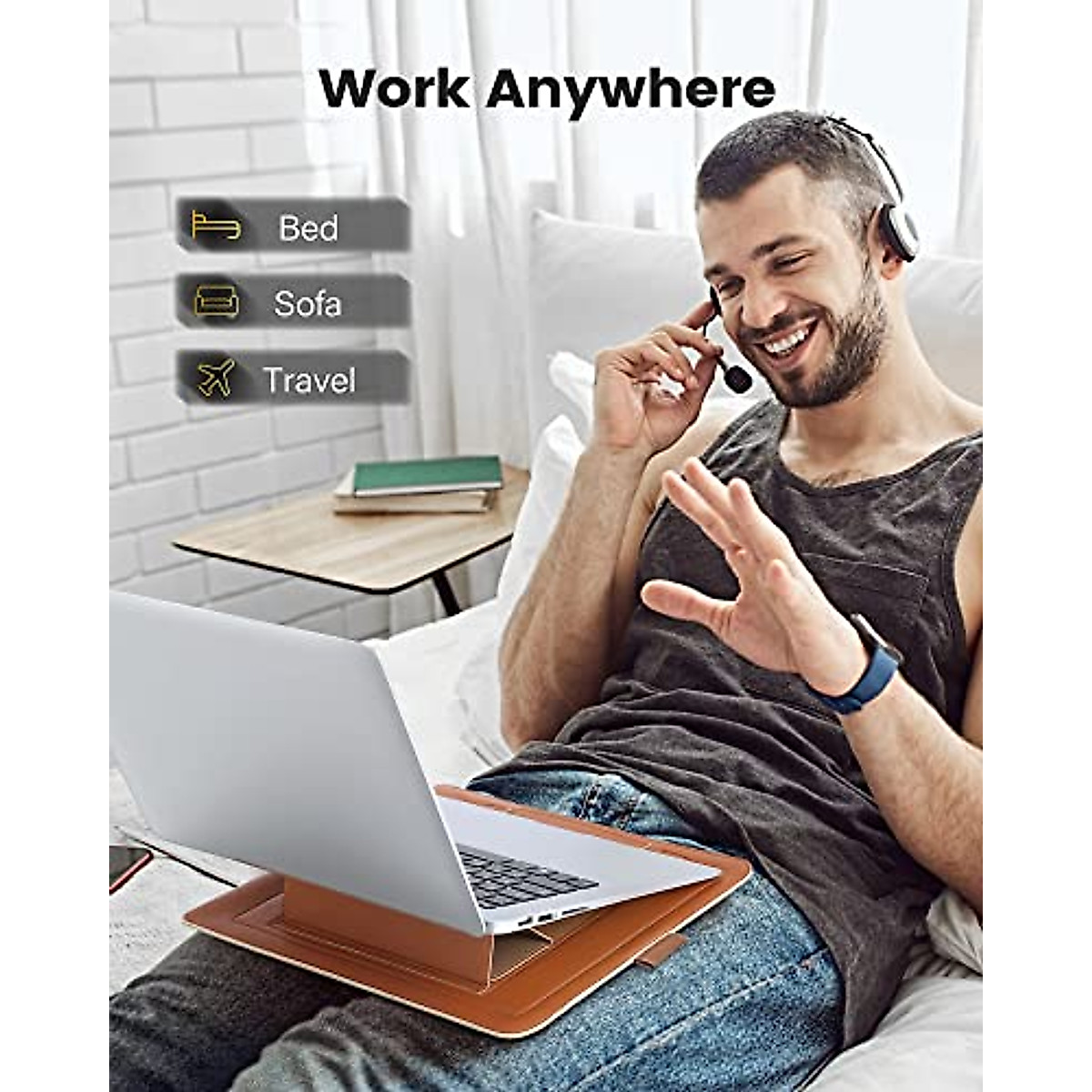 Soqool Laptop Stand for Desk, Compatible with 14inch MacBook Air Leather Stand Sleeve, Portable Laptop Stand Compatible with 13/13.3/14 Inch MacBook Pro/MacBook Air Foldable Laptop Stand Cover Sleeve