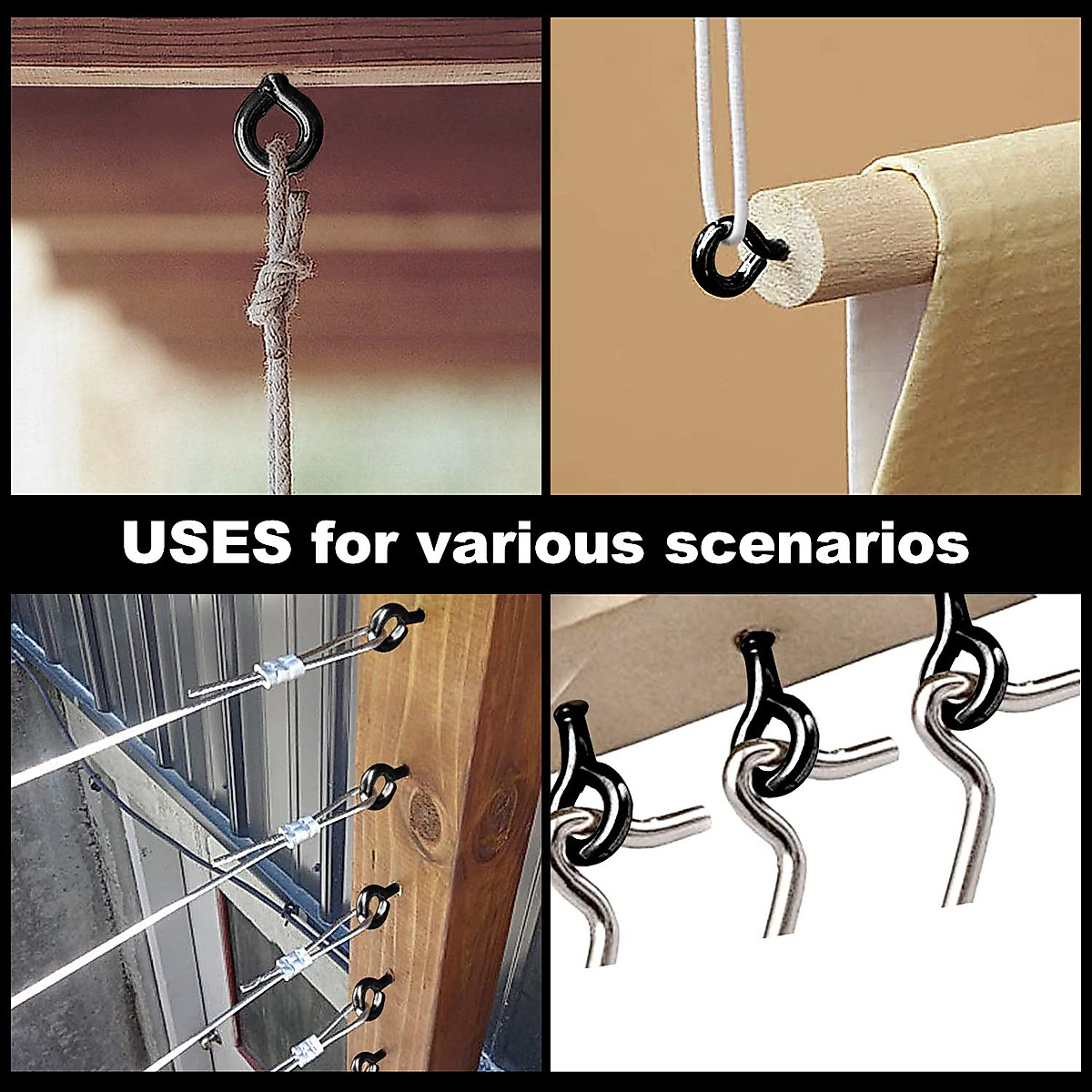 YGAOHF Eye Hooks Screw, 10 PCS 2.5 Inches Stainless Steel Eye Screws, Self Tapping Eyelet Screw Eye Bolts for Wood, Securing Cables Wires, Indoor & Outdoor Use, Black