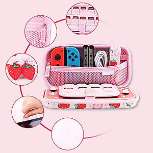 GLDRAM Strawberry Case for Nintendo Switch Lite, Pink Cute Travel Carrying Case for Switch Lite Accessories Bundle with Soft Protective Cover, Screen Protector, Thumb Caps & Shoulder Strap for Girls