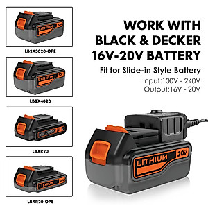 LCS1620 Charger Replacement for Black and Decker 20V Lithium-ion Fast Battery Charger Compatible with Black & Decker 16V 20V Li-ion Battery LBXR20 LBX20 LBX4020 LB2X4020