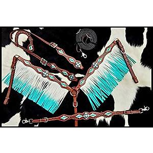 Turquoise and White Leather Laced One Ear 4 Piece Headstall and Breast Collar Set with Fringe.