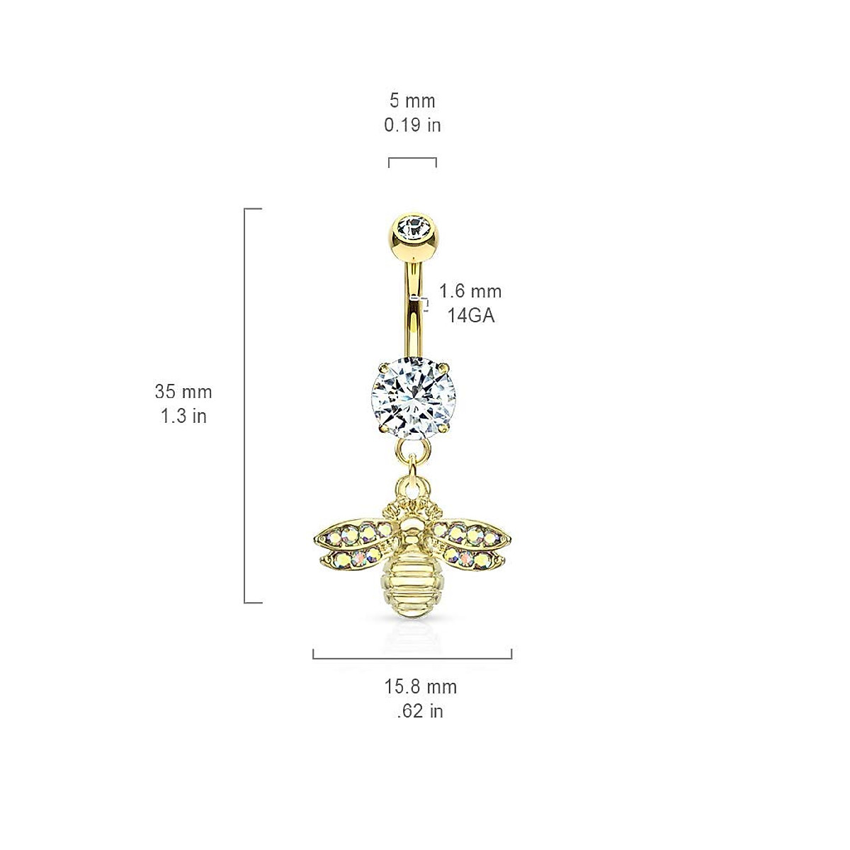Pierced Owl 14GA 316L Stainless Steel Bumble Bee with AB Crystal Paved Wings Double Jeweled Dangling Belly Button Ring (Gold Tone)