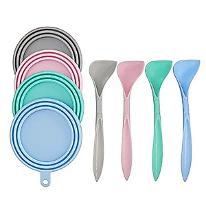 4 Pack Can Covers and 4 Pack Pet Spoons Set,Universal Silicone Can Lids for Pet Food Cans 1 Fit 3 Standard Size Dog and Cat Can Tops Cover (Round)