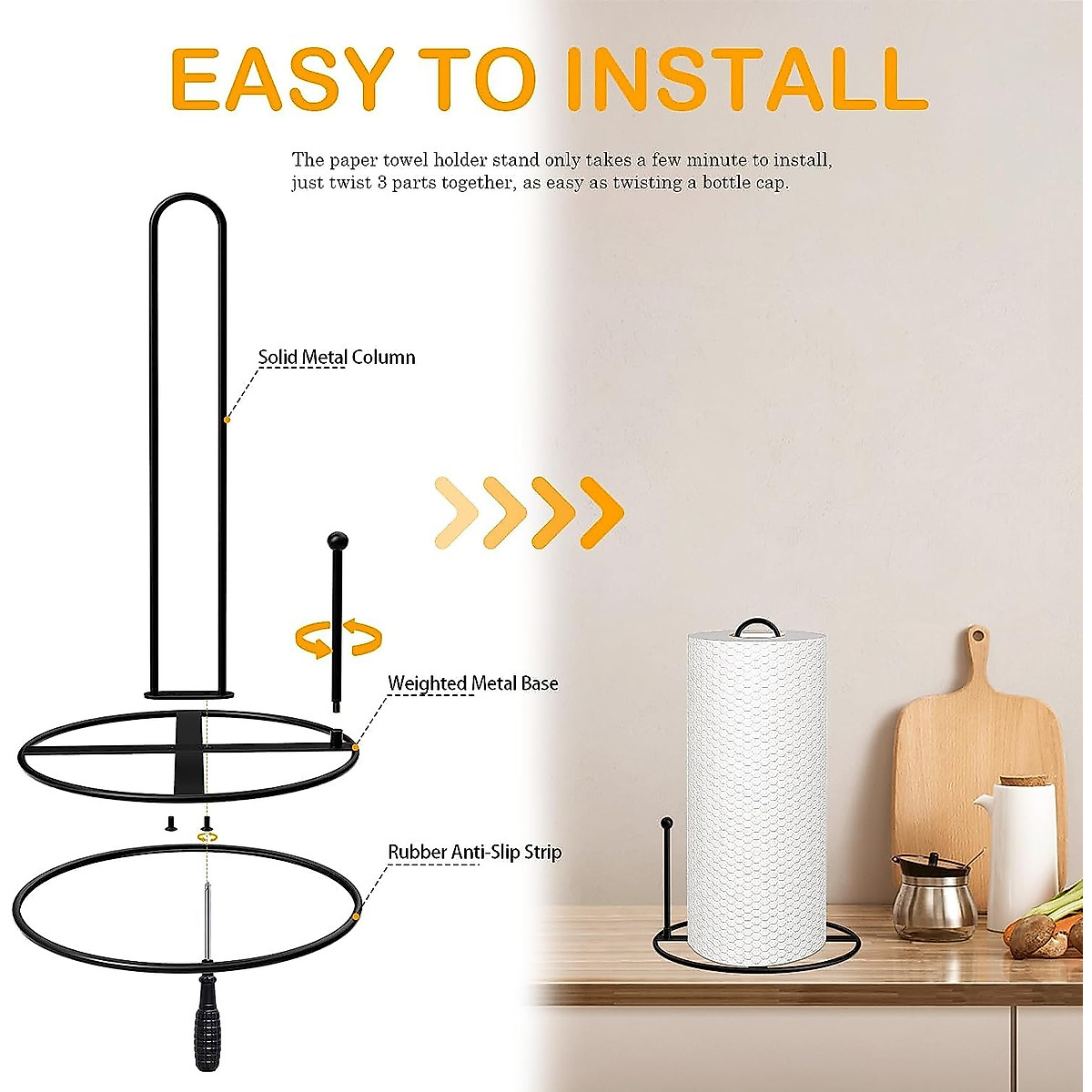 Black Paper Towel Holder Countertop,Kitchen Paper Towel Stand Holder for Standard and Large Size Rolls (Black 05)