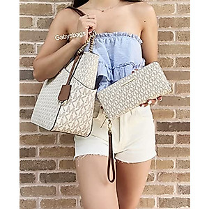 Michael Kors Jet Set Travel Large Chain Shoulder Tote Vanilla MK Signature Logo Bundled Jet Set Travel Continental Wristlet Vanilla Signature MK