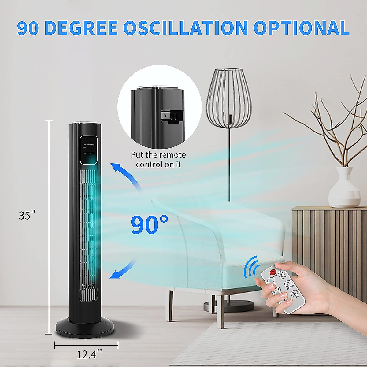 Antarctic Star Tower Fan Oscillating Fan Quiet Cooling Remote Control Powerful Standing 3 Speeds Wind Modes Bladeless Floor Fans Portable Bladeless Fan for Children Bedroom Home Office (Black, 35")