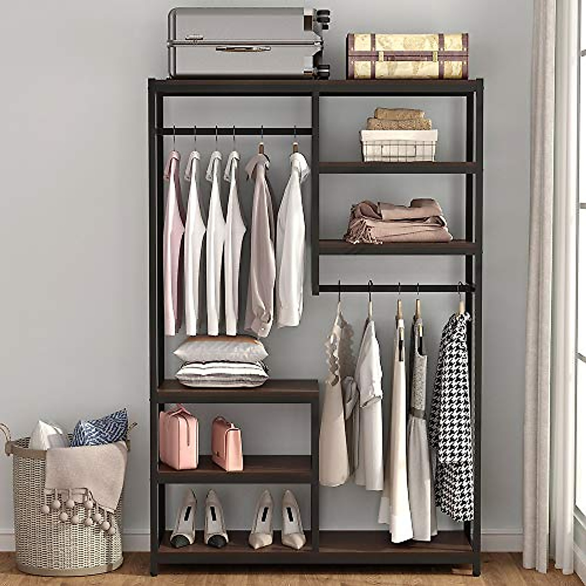 Tribesigns Free-standing Closet Organzier, Double Hanging Rod Clothes Garment Racks with Storage Shelvels, Heavy Duty Metal Closet Storage Clothing Shelving for Bedroom, Capacity 400 lbs (rustic)