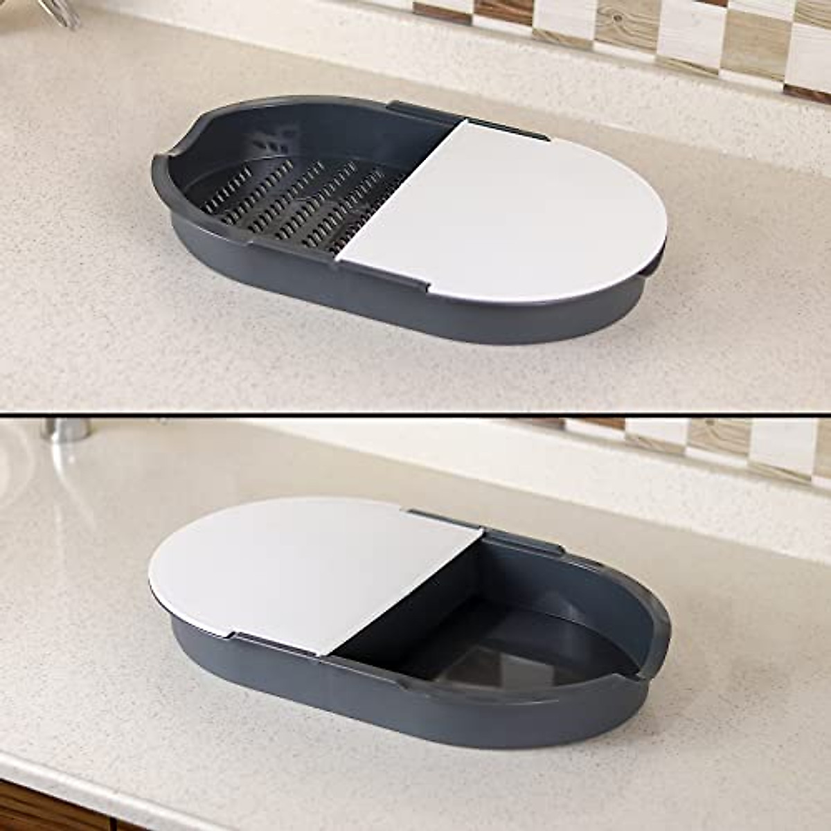 DecoBella 2-Chamber Cutting Board, Chopping Board with Food Container and Optional Strainer, Multi-Purpose Cutting Board, Countertop Easy Food Washer Strainer, Sink Cutting Board (WHITE/GRAY)