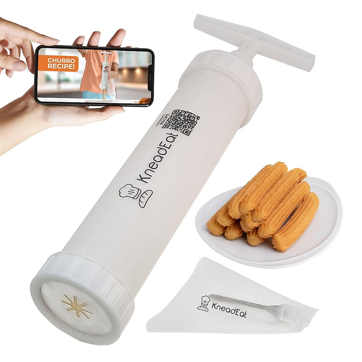 KneadEat Churro Maker Machine Churrera and Piping Bag Churros Filler. Easy QR-Recipe to Prepare and Fill Your Own Churros at Home.