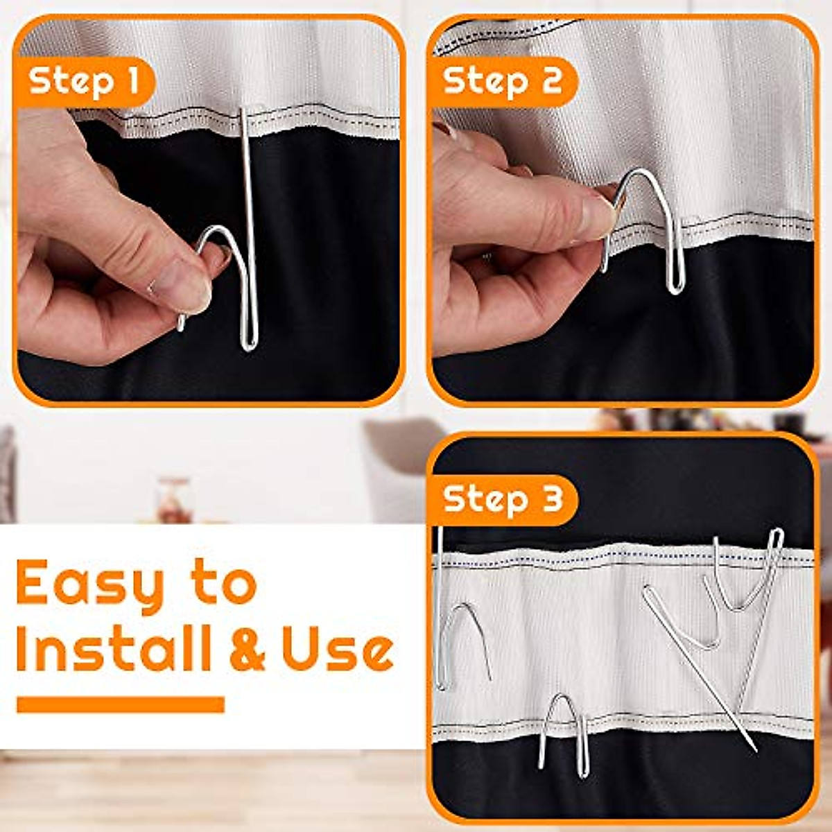 Metal Curtain Hooks Long Drapery Hook Pins 7cm by 1.8cm Stainless Steel Pin on Hooks with Clear Box for Window Curtain, Door Curtain and Shower Curtain, Silver (50 Pieces)