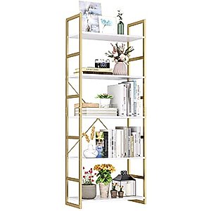 finetones 5 Tier Bookshelf, Industrial Gold Bookcase with Metal Frame, Modern Display Shelves Plant Flower Stand Rack for Bedroom Living Room Home Office, White and Gold