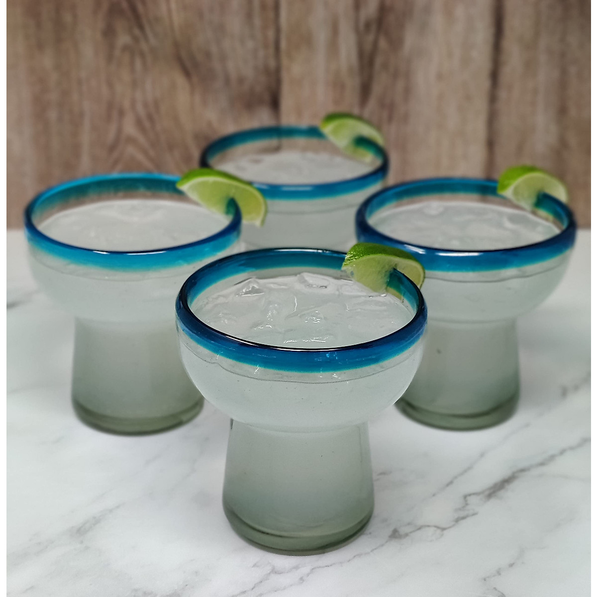Dos Sueños Mexican Hand Blown Glass – Set of 4 Hand Blown Stemless Aqua Rim Margarita Glasses (14oz)