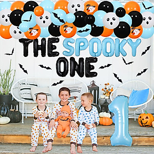 Kreatwow Spooky One Halloween Birthday Decorations Blue Orange Halloween 1st Party for Boys the Spooky One Balloon Banner Number 1 Ghost Bats Balloon Garland for First Halloween Birthday
