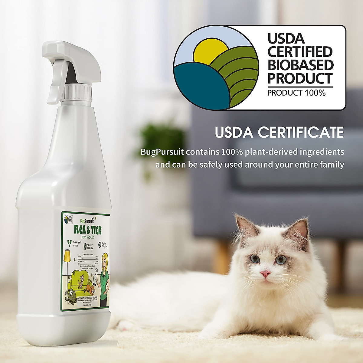 BugPursuit 24oz Flea &Tick Spray, Flea and Tick Prevention for Dogs, Cats, Non-Toxic, Safe for Pets & Kids, Flea and Tick Spray for Home, Killer Flea, Tick, Lice, 100% USDA Biobased, Made in USA