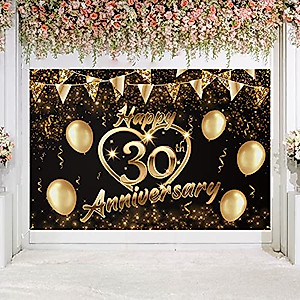 5665 Happy 30th Anniversary Backdrop Banner Decor Black Gold – Glitter Love Heart Happy 30 Years Wedding Anniversary Party Theme Decorations for Women Men Supplies