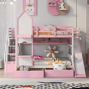 Full-Over-Full Bunk Bed, Castle Style Bunk Bed with 2 Drawers and 3 Shelves, Solid Wood Bunk Beds with Slide and Storage Staircase, Playhouse Low Bunk Bed for Kids Teens Boys Girls (Pink-O273)