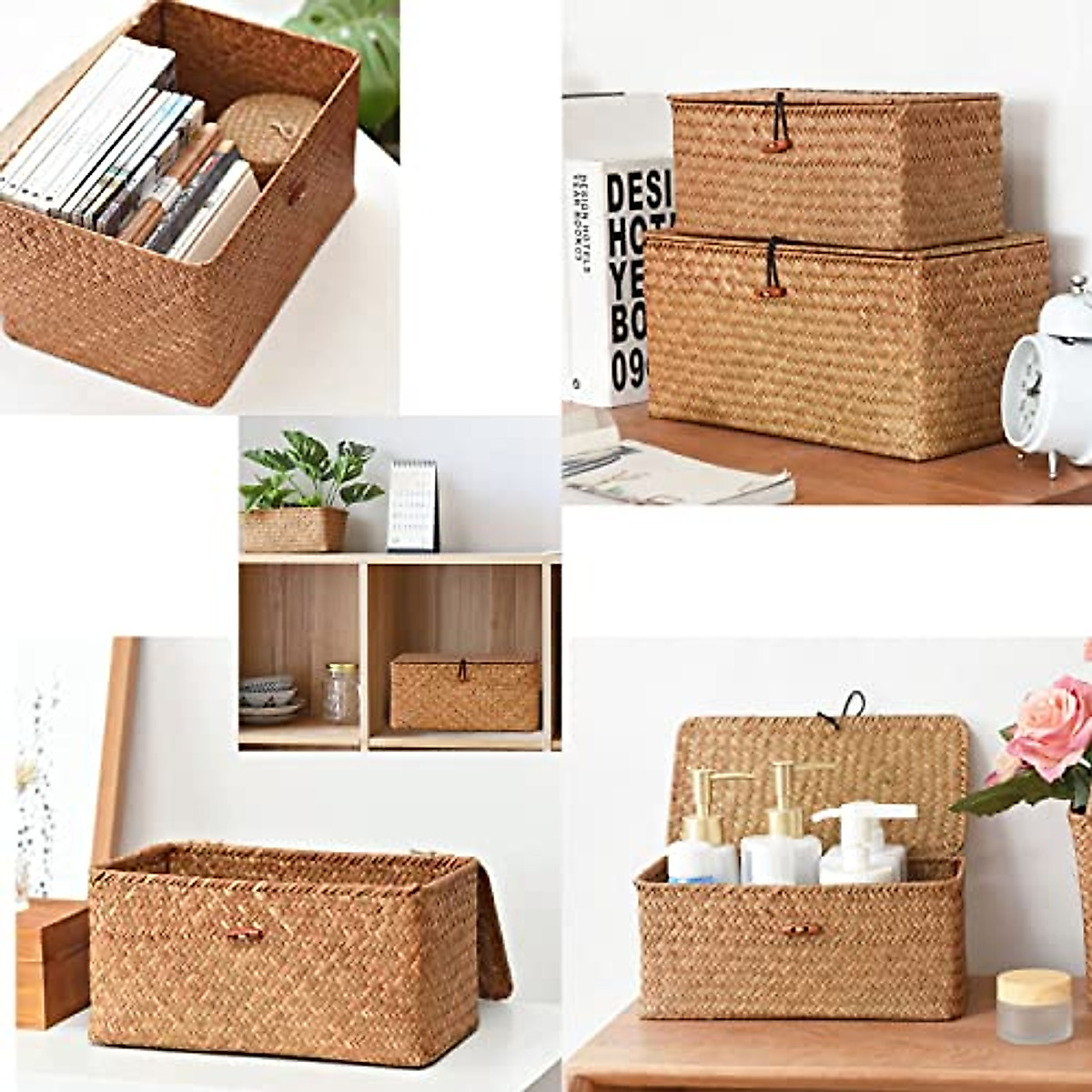 Rattan Storage Basket Hand-Woven Storage Basket Multipurpose Container with Lid for Desktop Home Decor (M)