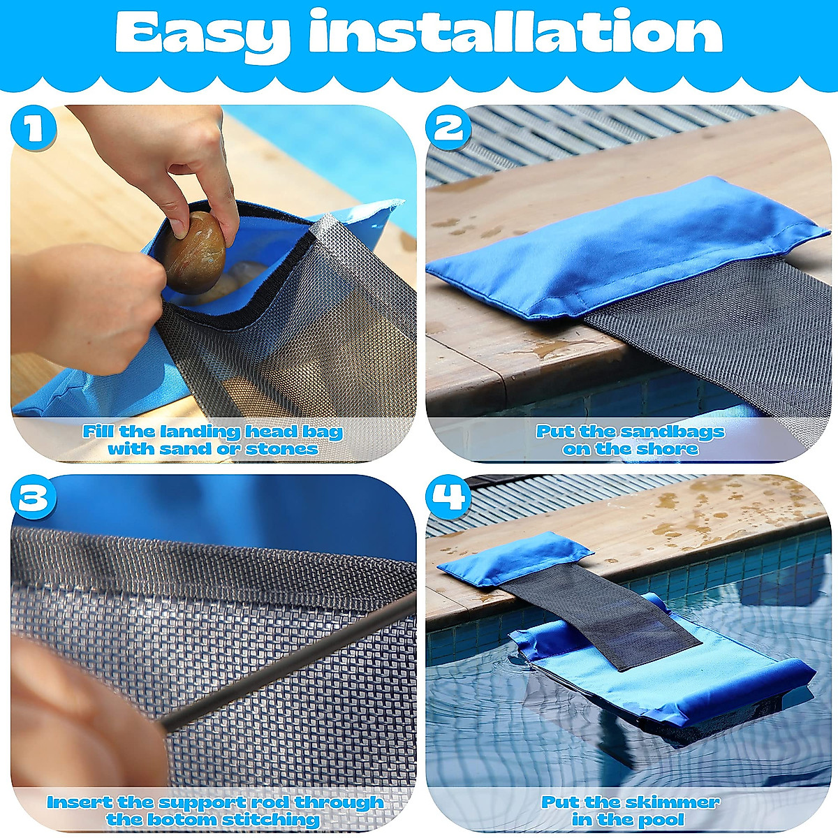 Weewooday Swimming Pool Net Leaf Liberate Hands Skimmer with Animal Saving Escape Ramp, Heavy Duty Pool Leaf Fine Mesh Cleaning Net Skimmer, Rescue Pool Critter Saver Floating Ramp (Light Blue)