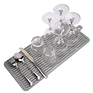 Dish Mat Silicone Dish Drying Mats Works For Drying Stemware Cocktail Glasses Silverware Pots Pans Knives and Dish Rack for Kitchen Counter Sink Bar Pads Easy to Clean 17.3"*7.9"*0.2" (Gray)
