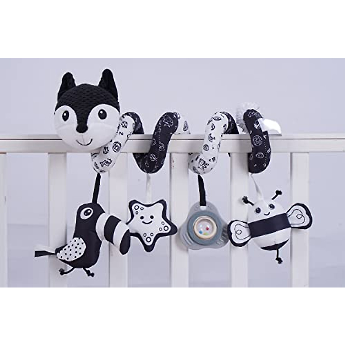 HILENBO Car Seat Toys, Infant Baby Black Fox Spiral Plush Activity Hanging Toys for Car Seat Stroller Bar Crib Bassinet Mobile with Music Box BB Squeaker and Rattles（Black）