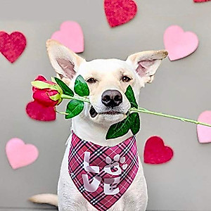Valentines Day Dog Bandana - Set of 2 Reversible Triangle Bibs Plaid Pet Kerchief Scarf