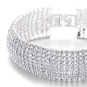 COOLSTEELANDBEYOND Sparkling Womens Crystal Rhinestones Cluster Wide Bangle Bracelet, Luxury