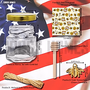 Honey Pot Hexagon Glass Honey Jar 1.5oz 42sets - Honey Jars with Wood Dipper Gold Lid Gold Bee Charm Pendant Decorative Bee Wrapping Paper Jute Hanging Rope - Wedding Favors Baby Shower Party Favors