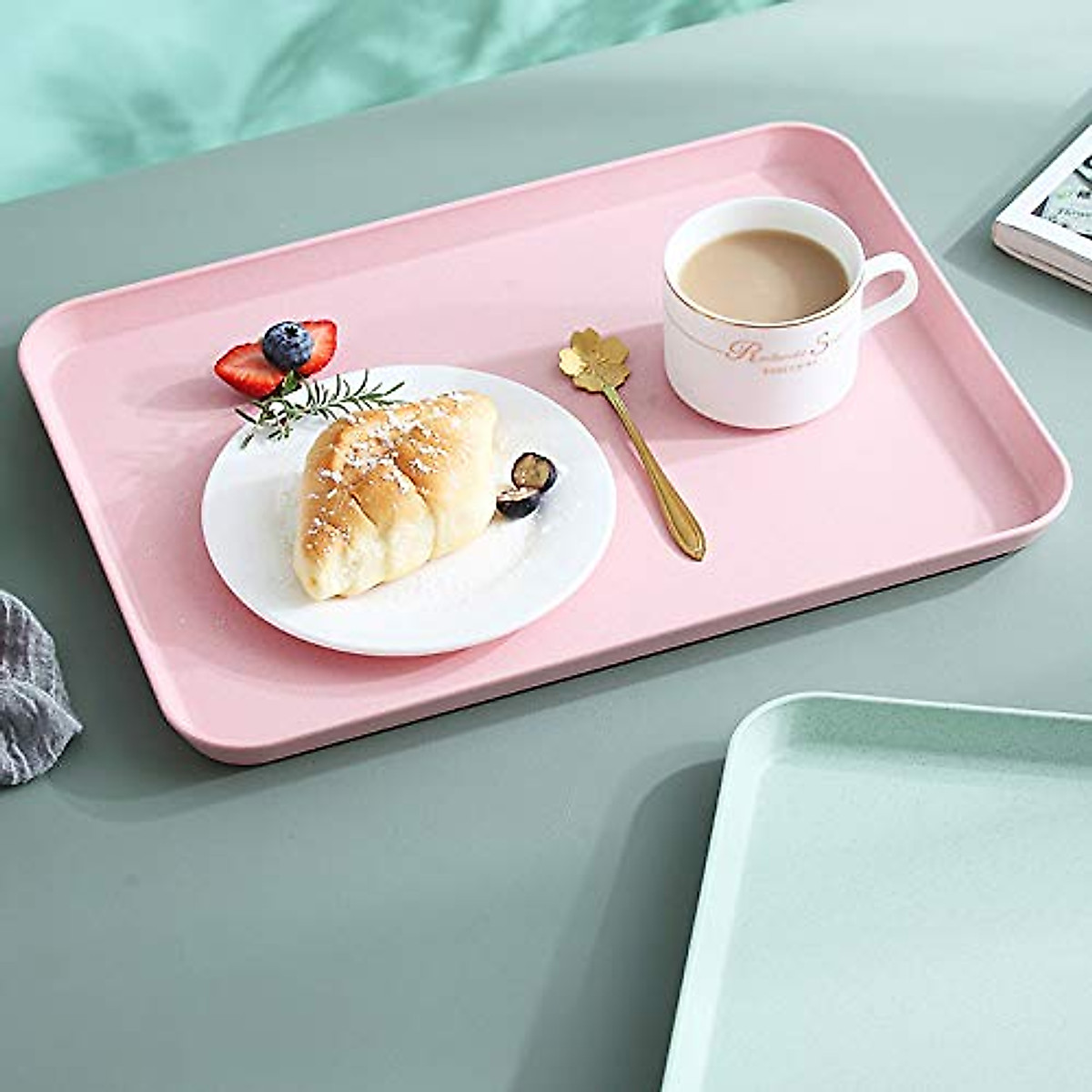 2Pcs Unbreakable Serving Tray Decorative Tray Wheat Straw, Great for Dinner Tray Tea Tray Bed Tray Bar Tray Breakfast Tray Food Tray (Pink)