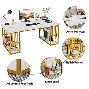Tribesigns 70.9" Dining Table for 6-8, Long Modern Kitchen Table with Storage, Large Rectangular Dinner Table for Kitchen, Dining & Living Room, White Faux Marble Top & Gold Metal Frame, Easy Assembly