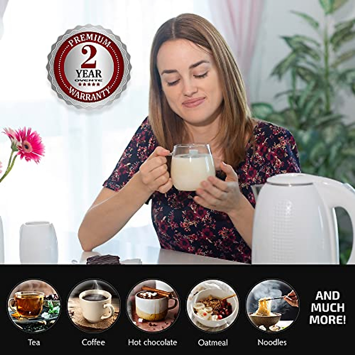 OVENTE Portable Electric Kettle Stainless Steel Instant Hot Water Boiler Heater 1.7 Liter 1100W Double Wall Insulated Fast Boiling with Automatic Shut Off for Coffee Tea & Cold Drinks, White KD64W