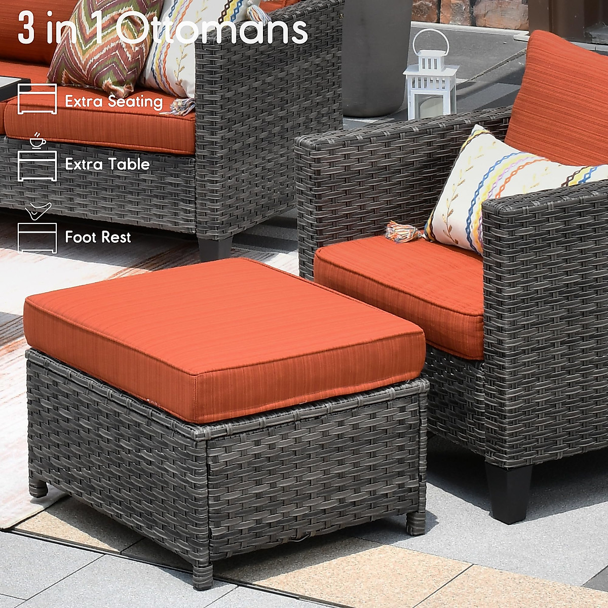HOOOWOOO Outdoor Patio Furniture Sets 7 Pieces Patio Conversation Sets Weather Resistant Wicker Sofa Seating Set with 42" Fire Pit Swivel Rocking Chairs for 5 Persons Outside,Orange Red