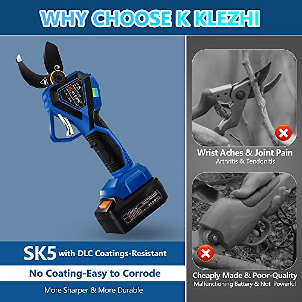 K KLEZHI Cordless Electric Pruning Shears with Colorful LED Dispaly,Cut capacity of 32mm / 1.26inches, 2 x 2 Ah Lithium Rechargeable Battery 8-10 Working Hours Blue